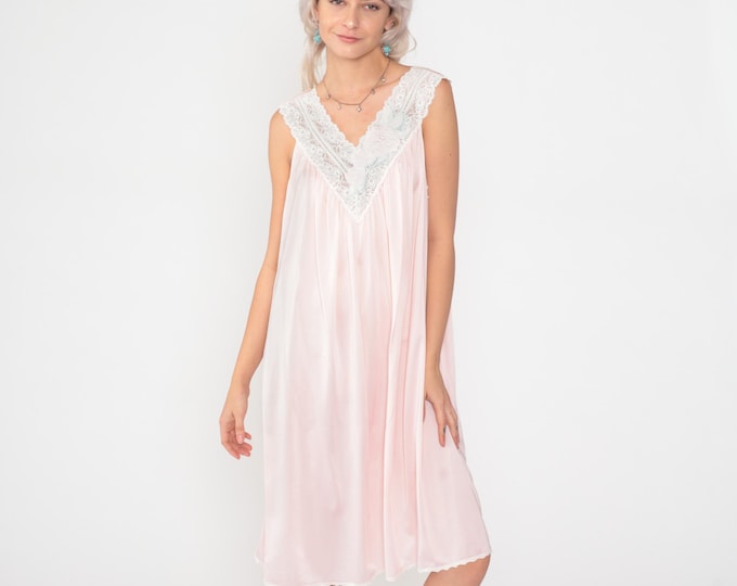 Vintage Shadowline Nightgown 80s Pink Nylon Lace Appliqué Sleeveless ...
