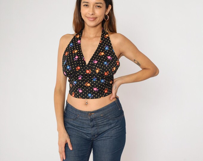 70s Floral Crop Top Black Halter Top 70s Boho Shirt Hippie V Neck Backless Blouse Bohemian Deep ...