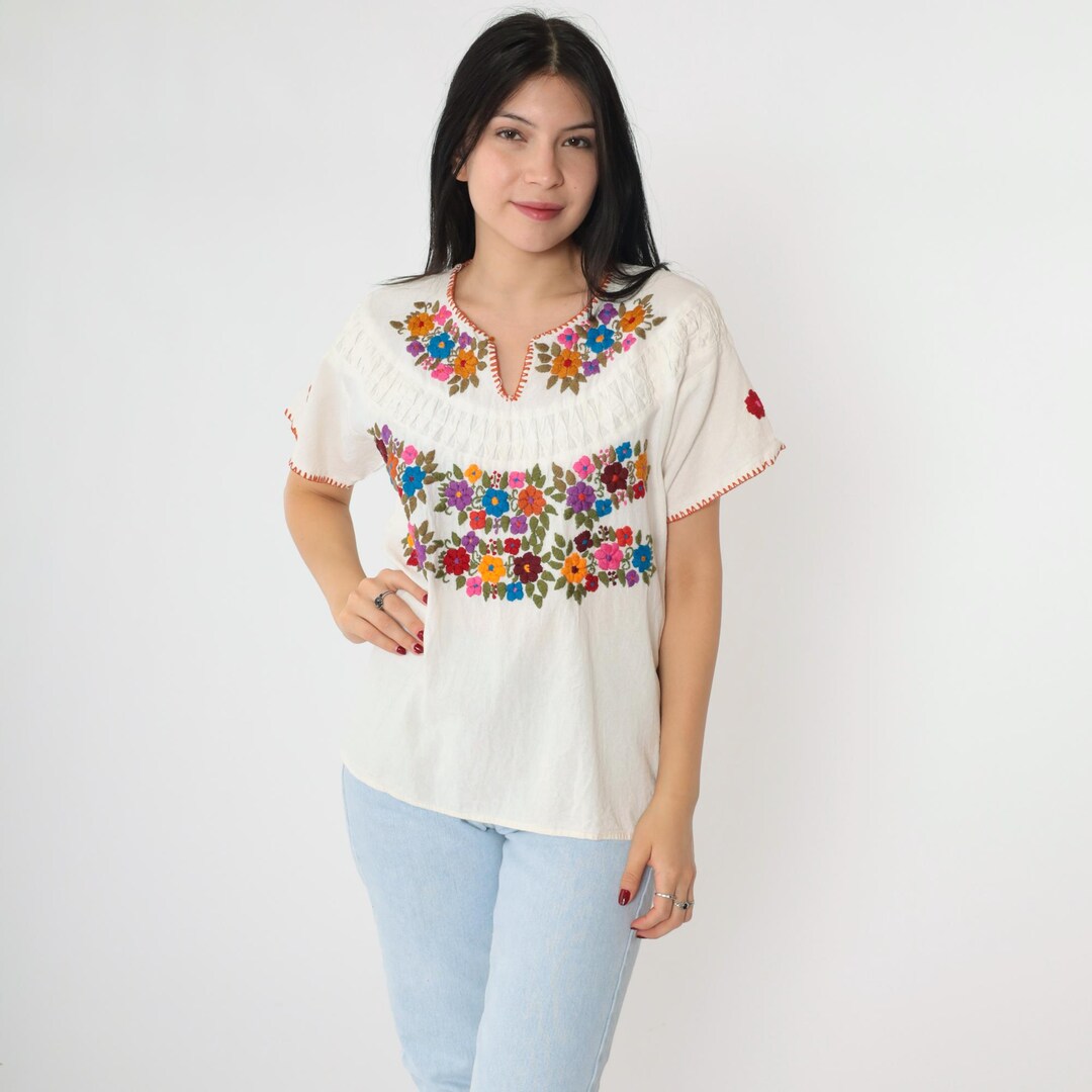 Mexican Floral Blouse 90s Embroidered Top Off-white Flower Peasant ...