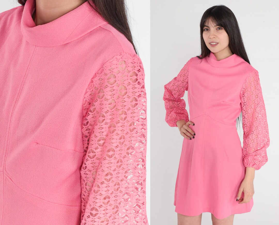 Mod Mini Dress 70s Pink Party Dress Long Sheer Lace Sleeve Empire Waist ...