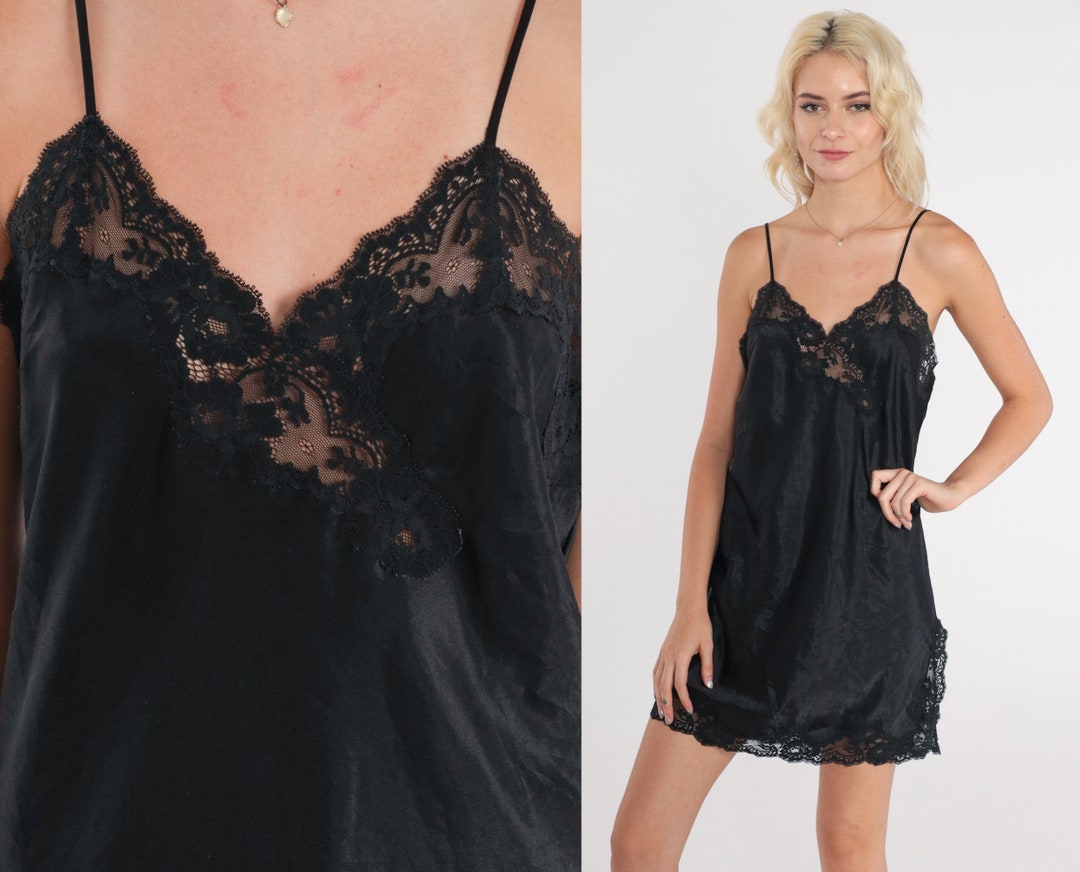 Black Slip Dress 90s Lingerie Mini Dress Floral Lace Trim Nightgown ...
