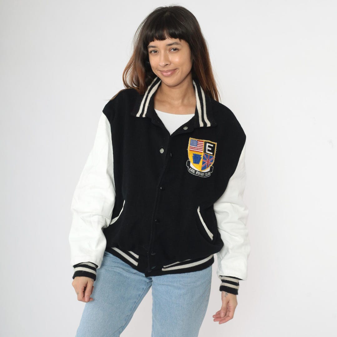 Vintage Erie Varsity Jacket 90s Black White Wool Leather Sleeve Erie ...