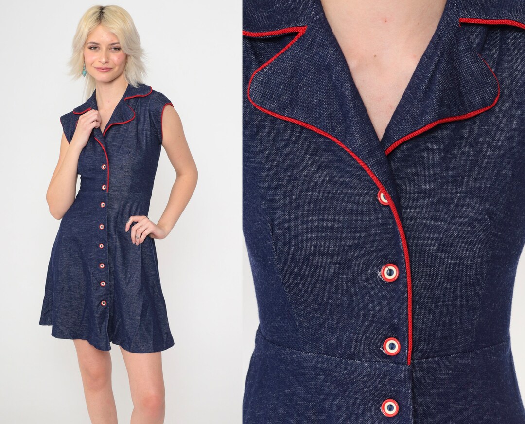 70s Mini Dress Dark Blue Mod Dress Button up Shirtdress Boho High ...
