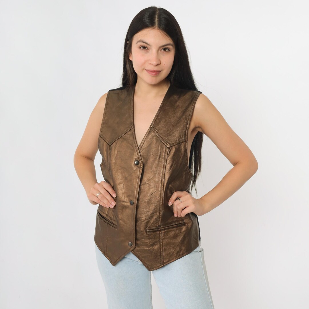 90s Metallic Copper Vest Faux Leather Snap Button up Vest Top Rocker ...