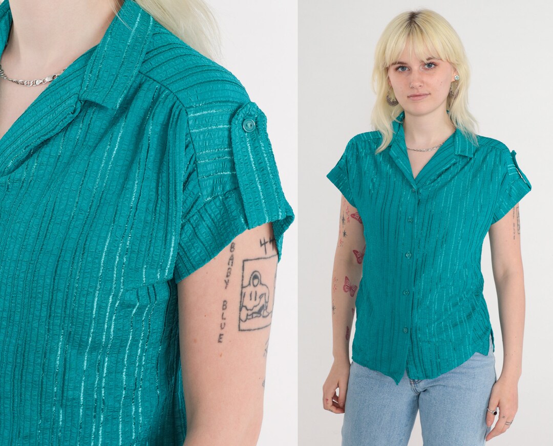 Teal Green Blouse 80s Button up Shirt Shiny Striped Top Collared V Neck ...