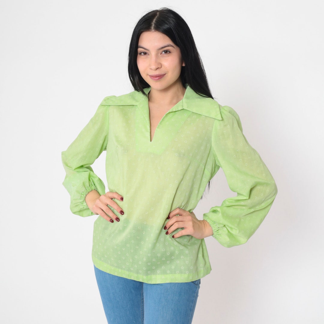 Heart Print Shirt 70s Sheer Lime Green Top Hippie Blouse Long Puff ...