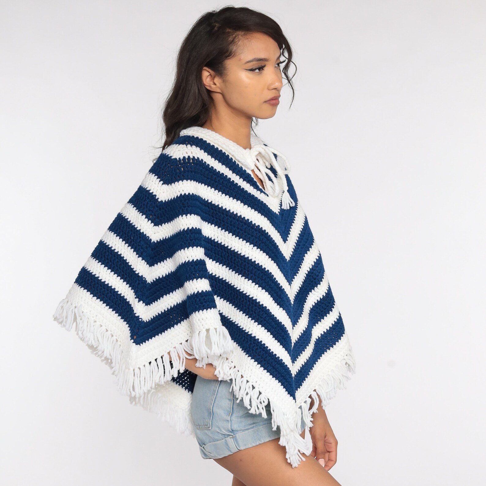Hippie Poncho 70s FRINGE Shawl White Blue Boho Striped Knit - Etsy