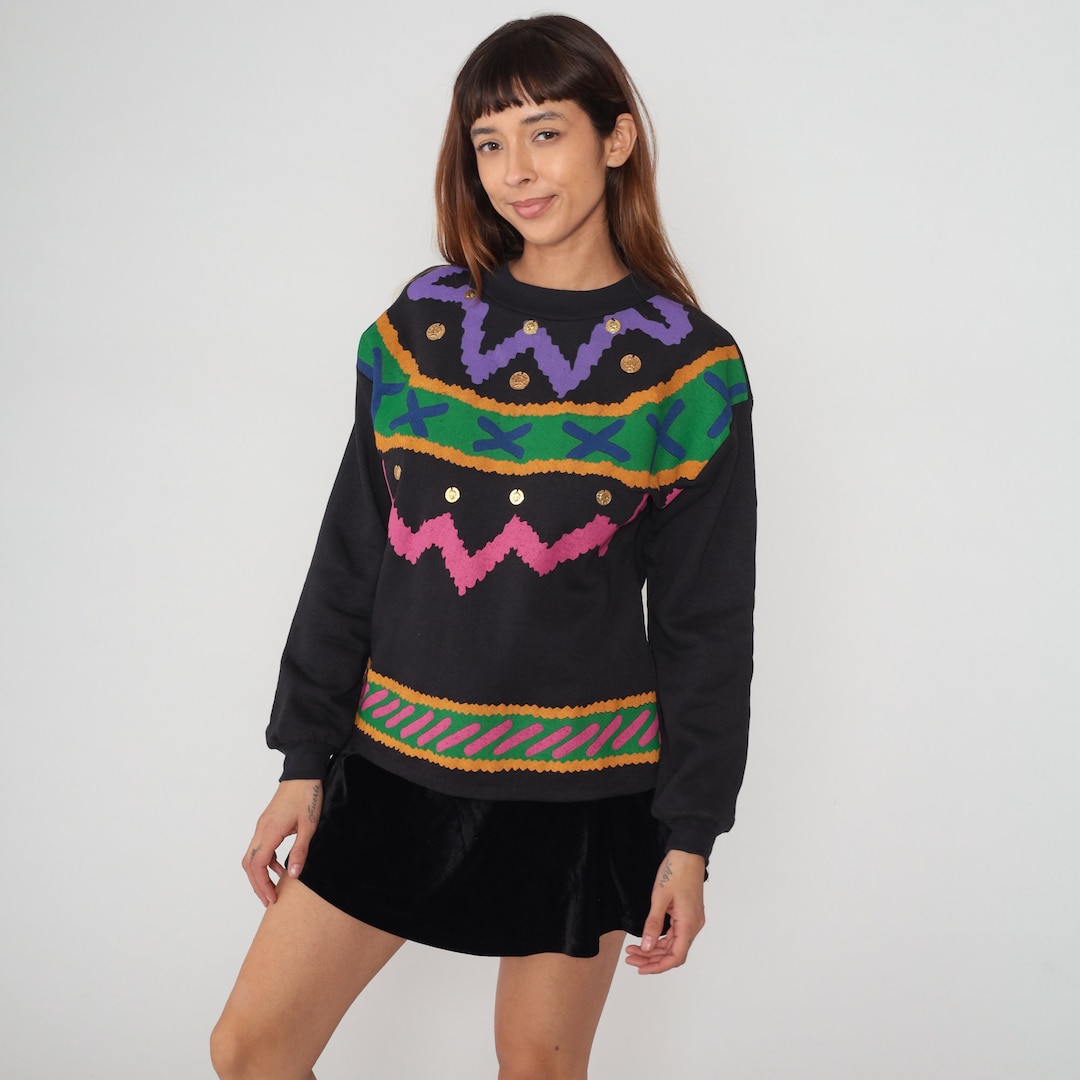 90s Sweatshirt Gold Coin Embellished Sweater Black Abstract Striped ...