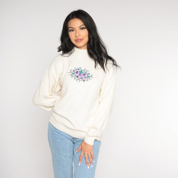 White Floral Sweater 90s Embroidered Flower Sweater P… - Gem