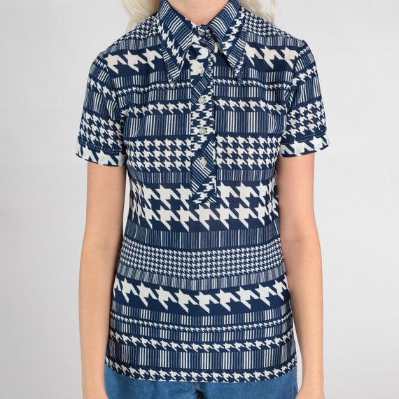 Checkered Polo Shirt 70s Collared Shirt Navy Blue Hou… - Gem