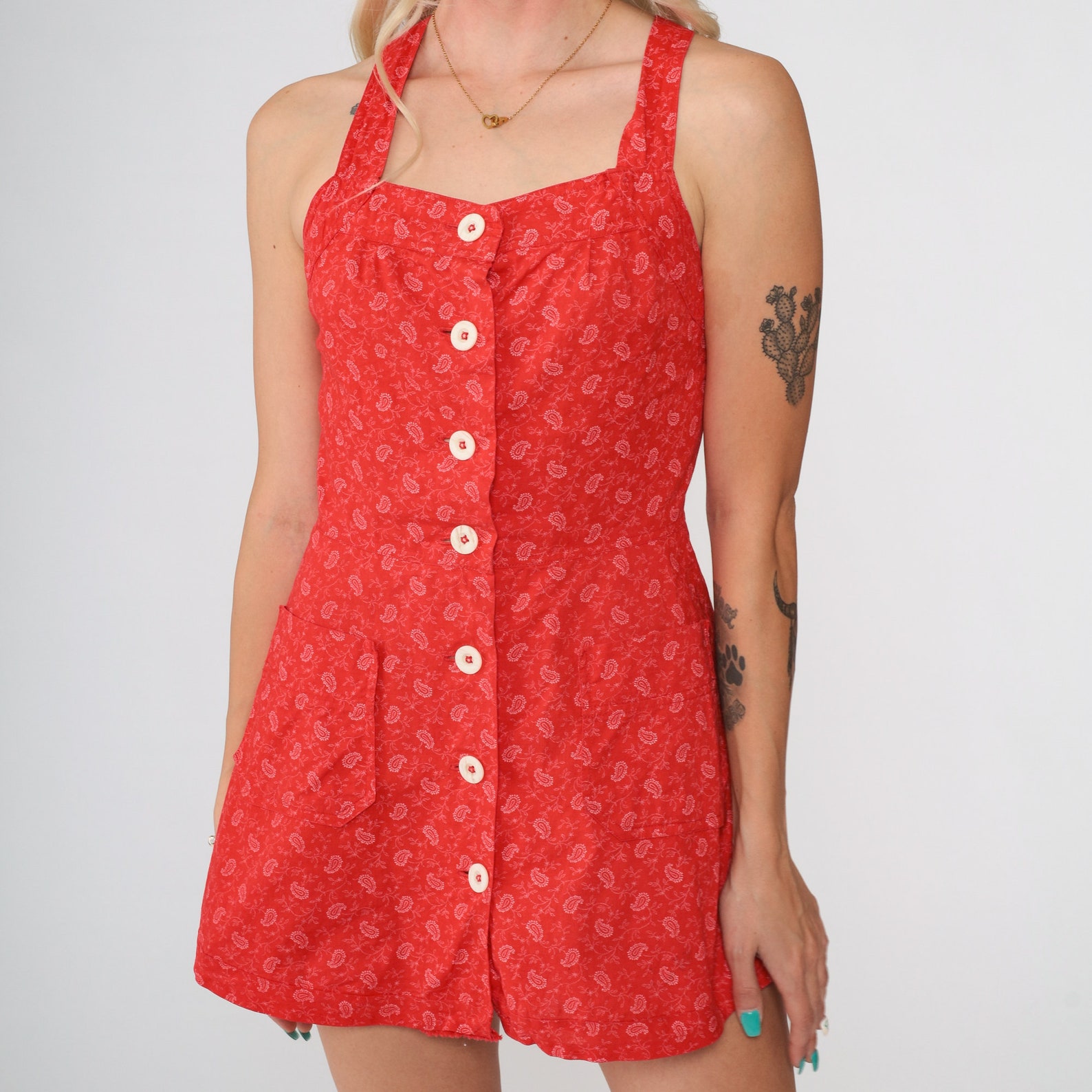 Paisley Sundress 70s Micro Mini Dress Red 1970s Boho Summer Pocket ...