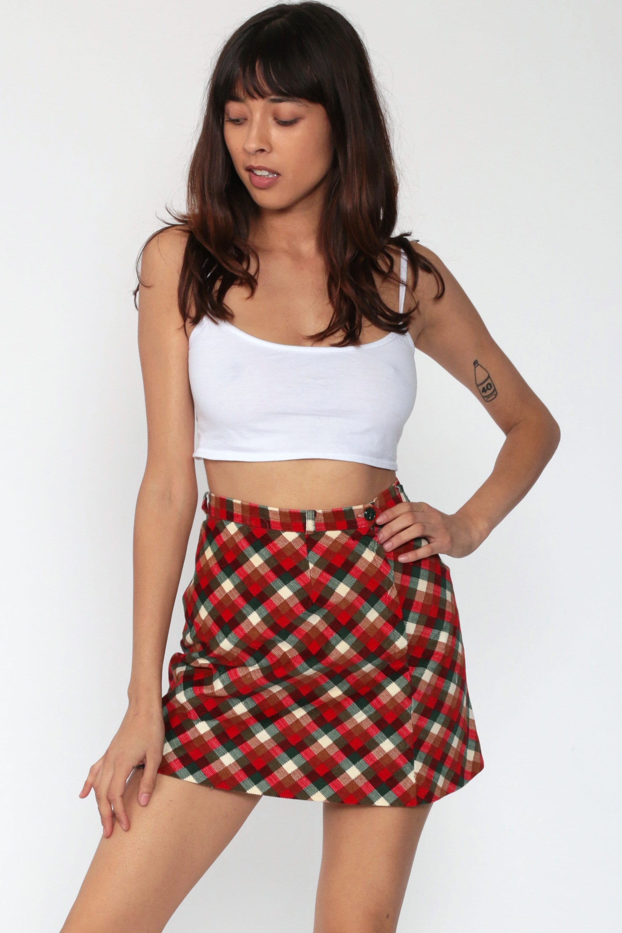 Plaid Mini Skirt Corduroy High Waisted 70s Aline Skirt Preppy School