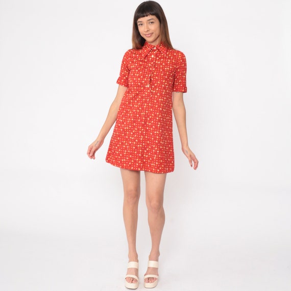 70s Mini Dress Red Ditsy Heart Flower Print Shift Mod… - Gem