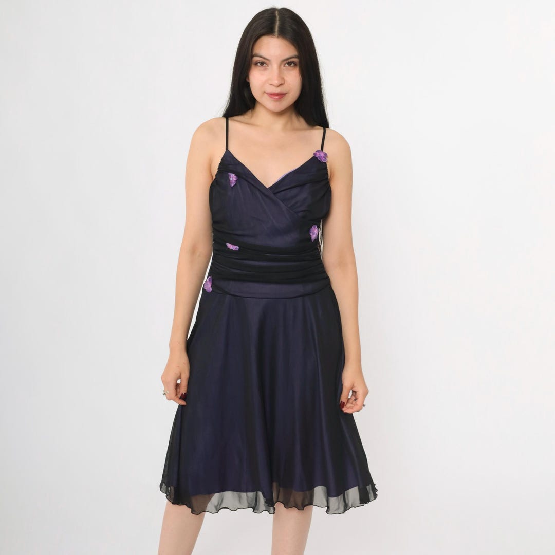 Y2K Purple Mesh Dress Black Floral Applique Spaghetti Strap Midi Party ...
