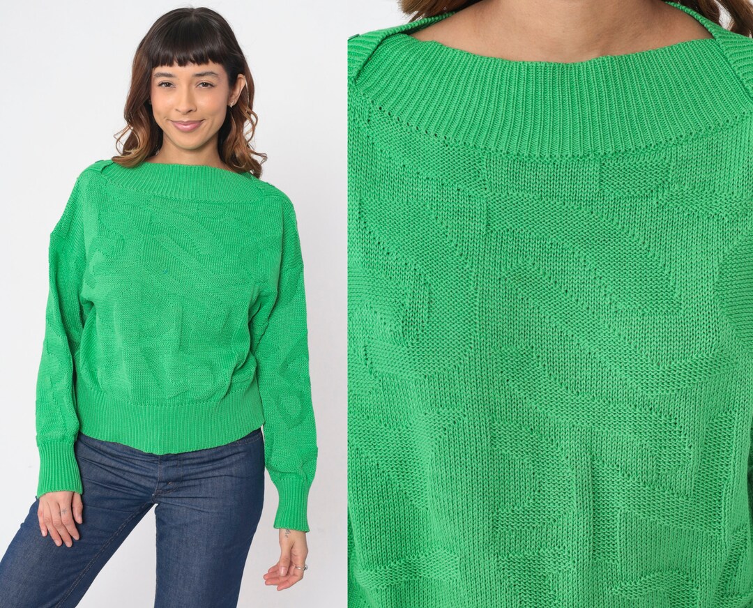 Boatneck Alphabet Sweater 80s Bright Green Pullover Sweater Boat Neck ...