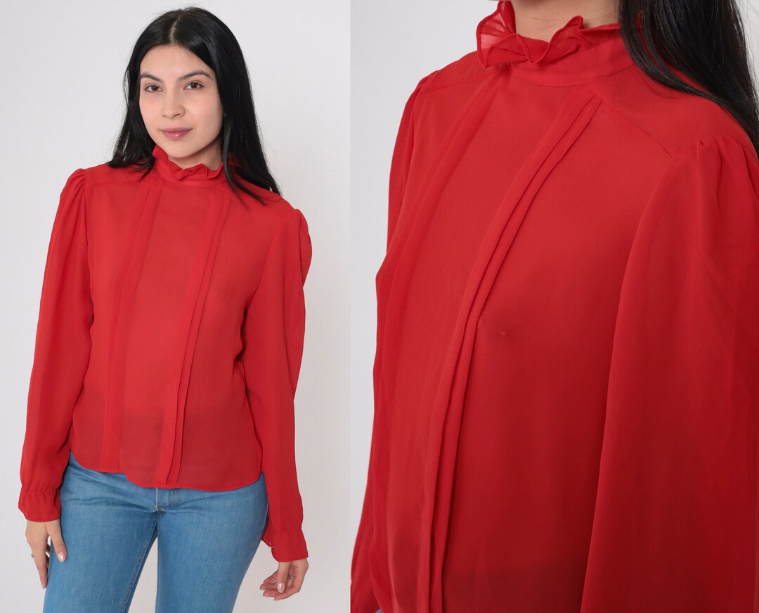 Red Ruffle Blouse 80s Pleated Top Semi-sheer Long Puff Sleeve Shirt ...