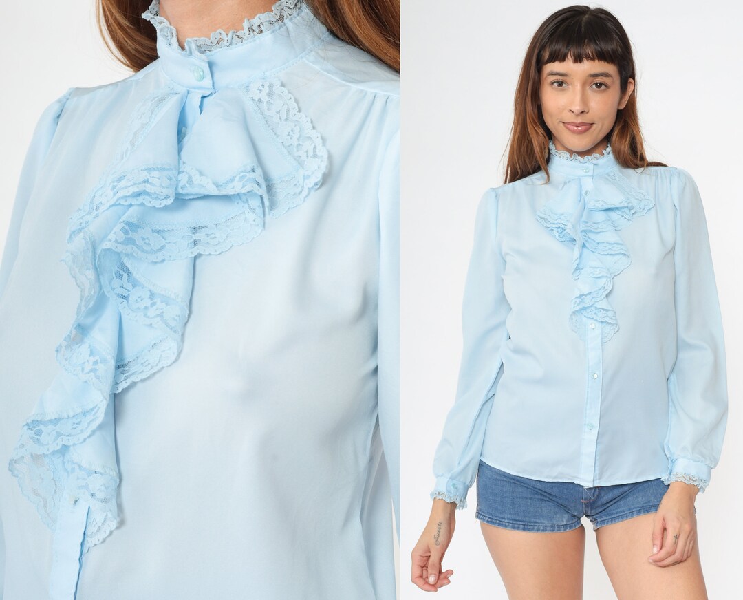 Baby Blue Ruffle Shirt 70s Tuxedo Button up Jabot Collar Blouse Lace ...