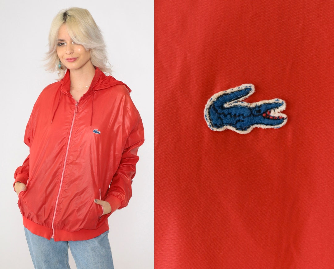 80s Lacoste Jacket Red Windbreaker Bomber Jacket Hooded Izod Crocodile ...