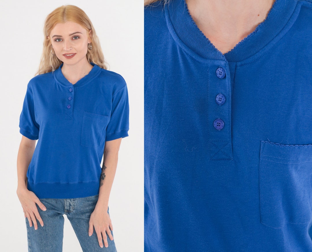 Royal Blue Shirt 80s Henley Shirt Retro T-shirt Short Sleeve Button up ...