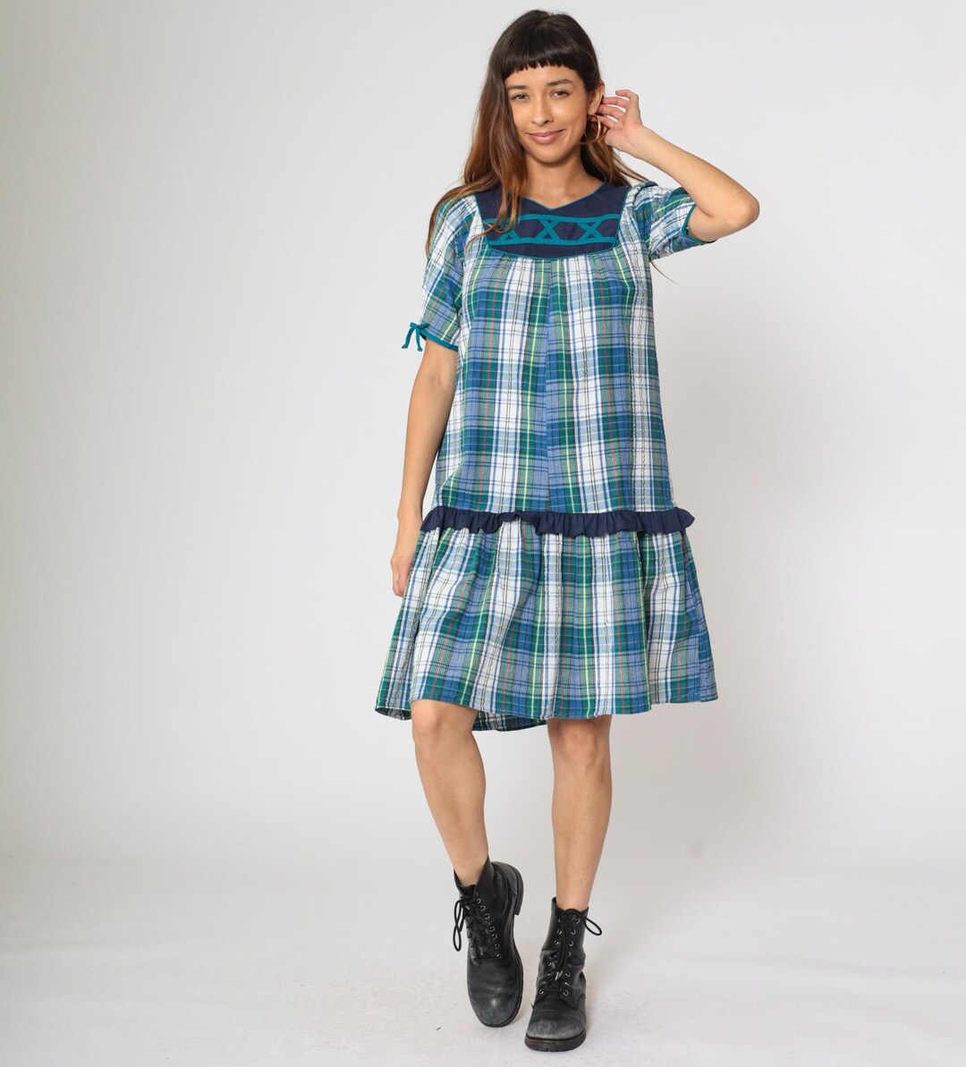 Vintage 80s Plaid Dress Puff Sleeve Tent Shift Blue Green Tartan Tiered ...