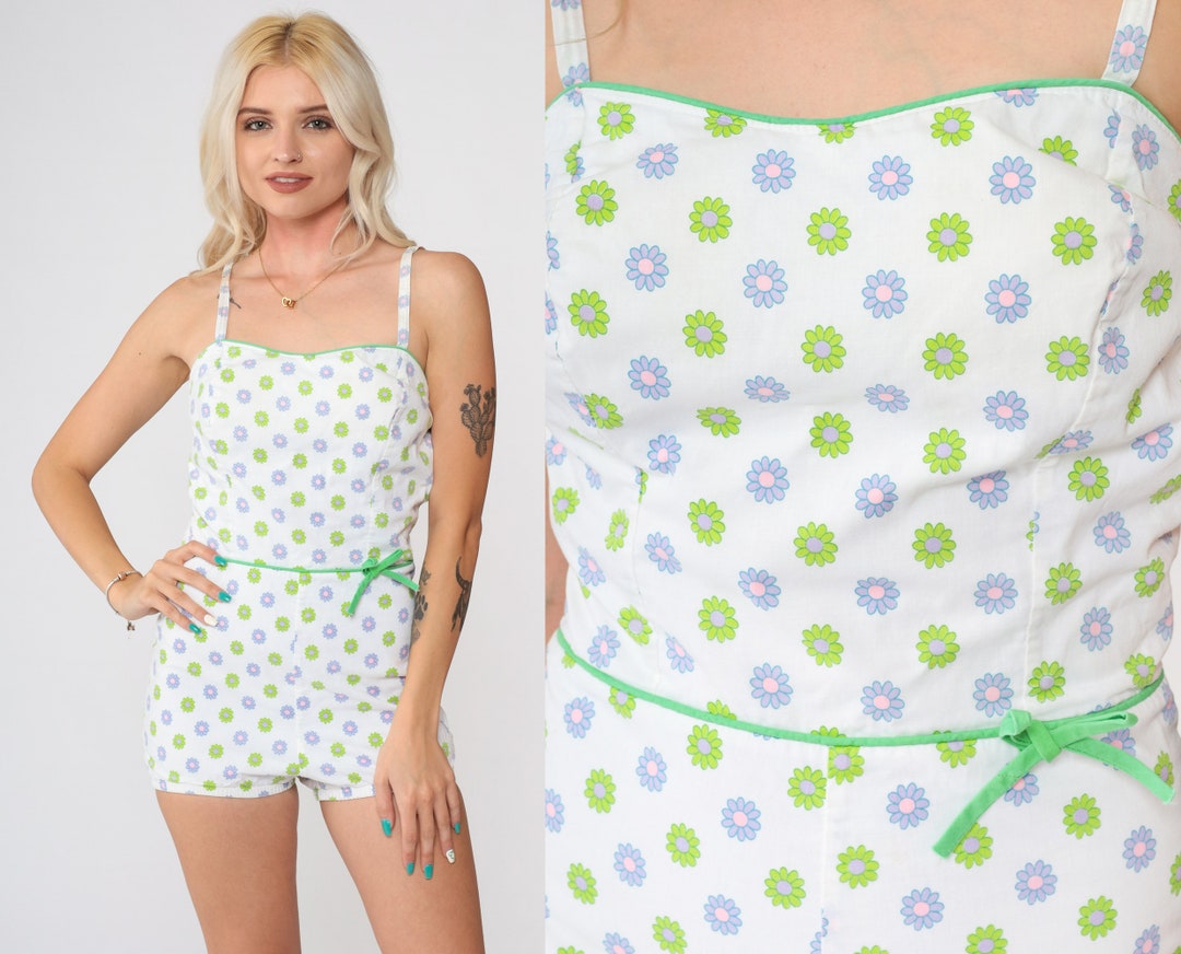 60s One Piece Bathing Suit Mod Floral Swimsuit White Smocked White ...