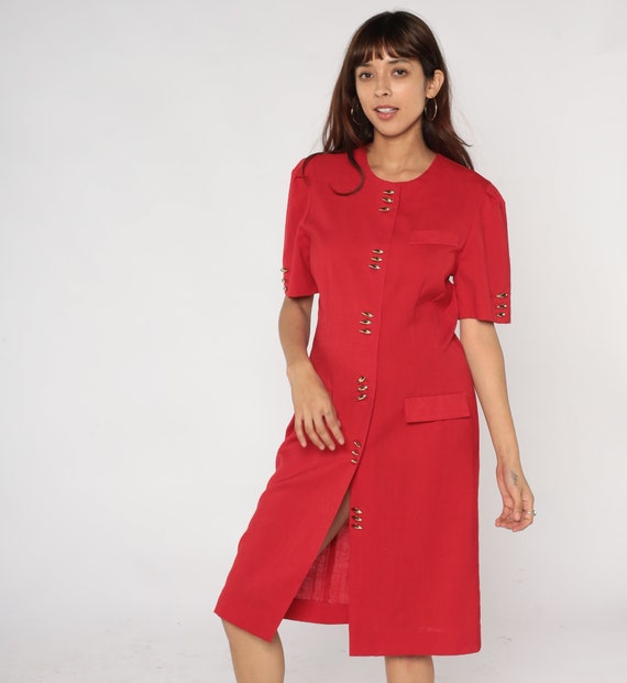 Red Sheath Dress 80s Midi Short Puff Sleeve Leslie Fa… - Gem
