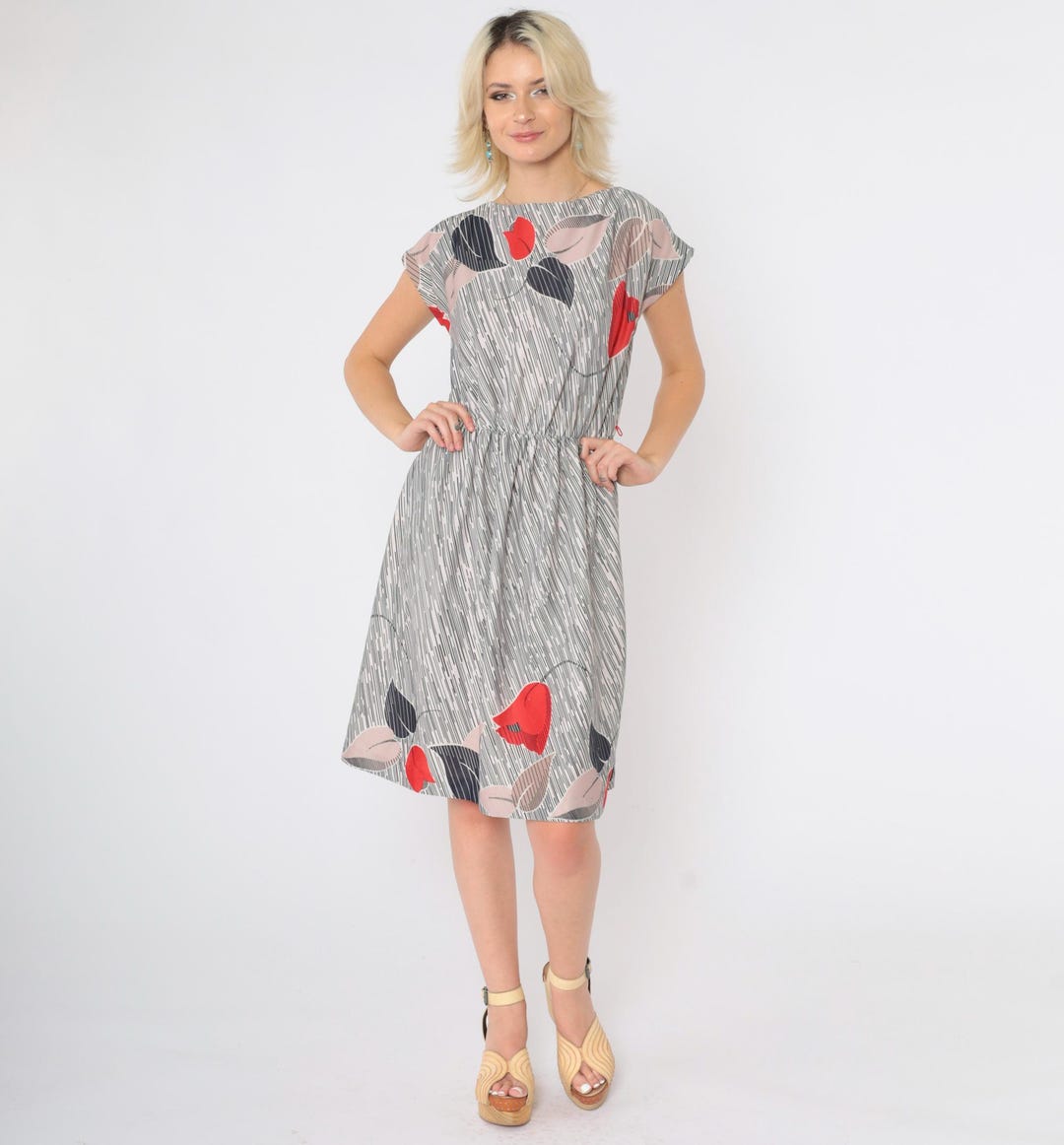 Vintage Casual Floral Dress 70s Retro Cap Sleeve High Waisted Knee ...