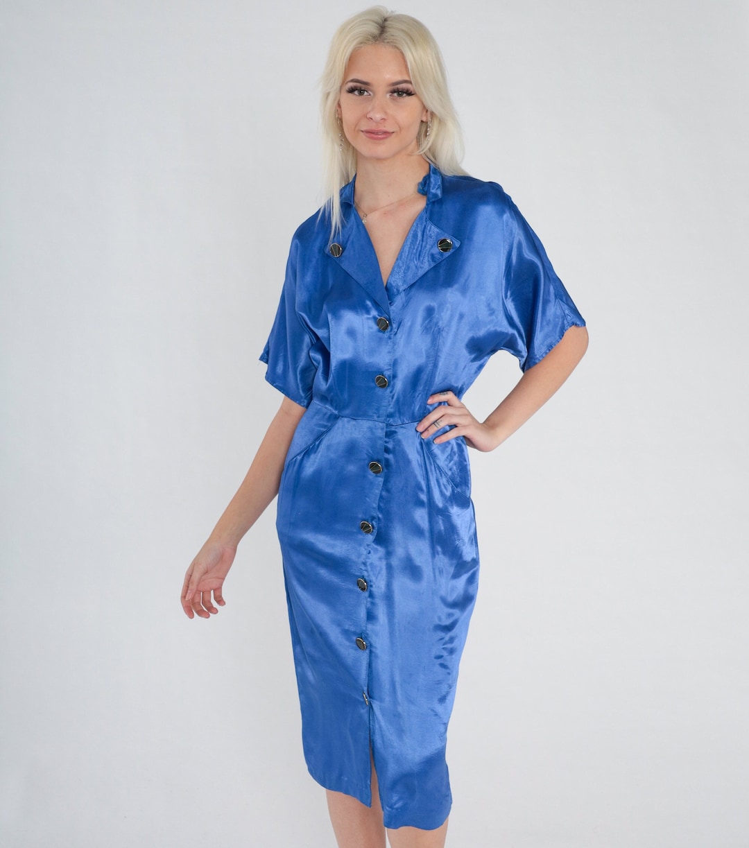 Shiny Blue Dress 90s Button up Midi Secretary Dress Retro Pencil Short ...