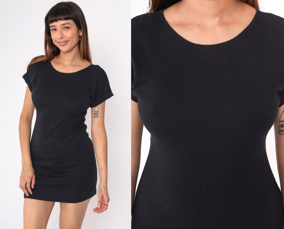 Black Bodycon Dress 90s Mini Party Dress Tight Short Cap Sleeve Sheath ...