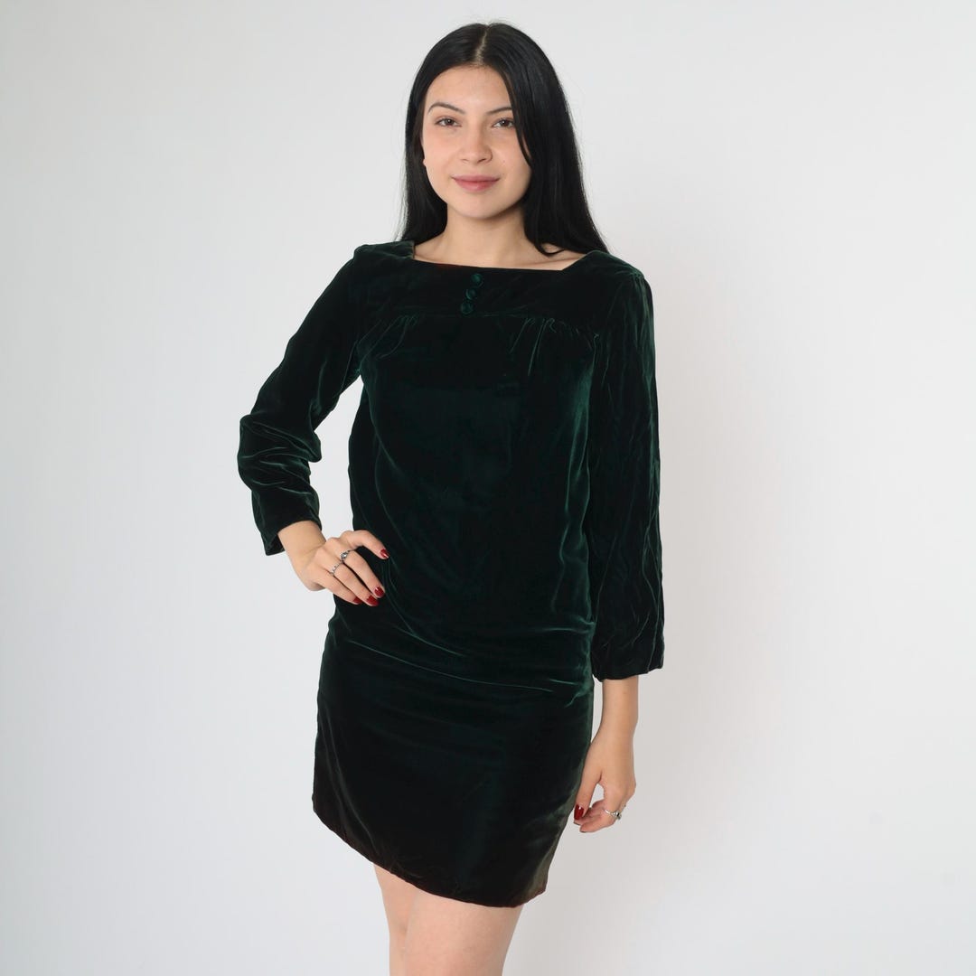 60s Velvet Mini Dress Green Mod Party Dress Vintage Cocktail Shift 3/4 ...