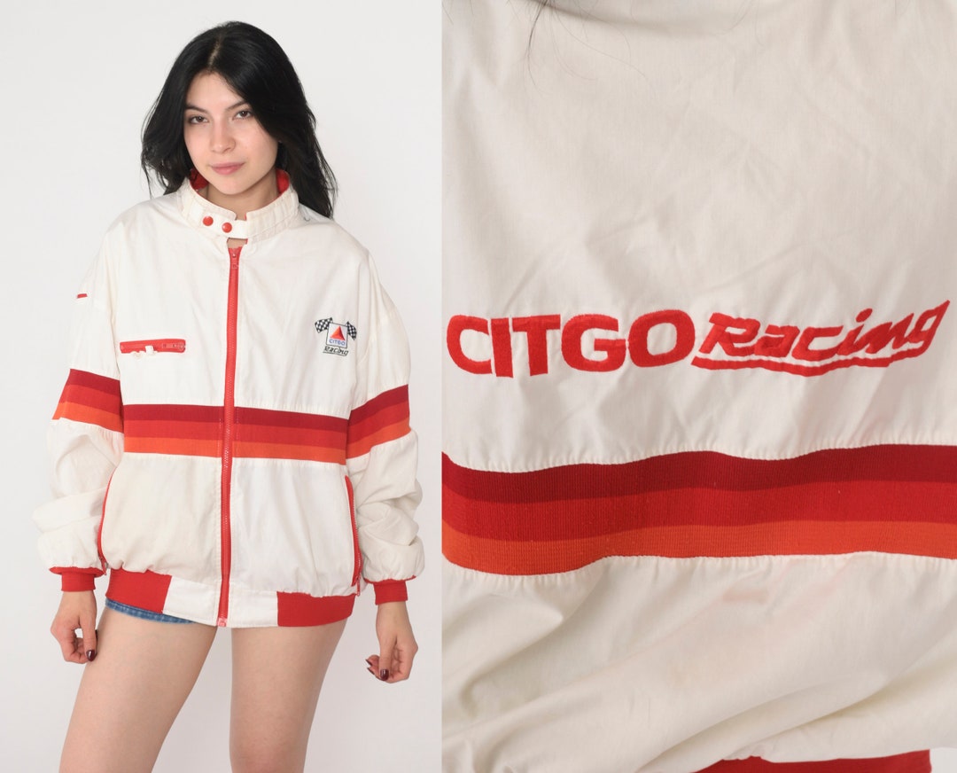 80s Citgo Racing Jacket White Bomber Jacket Red Striped Zip up ...