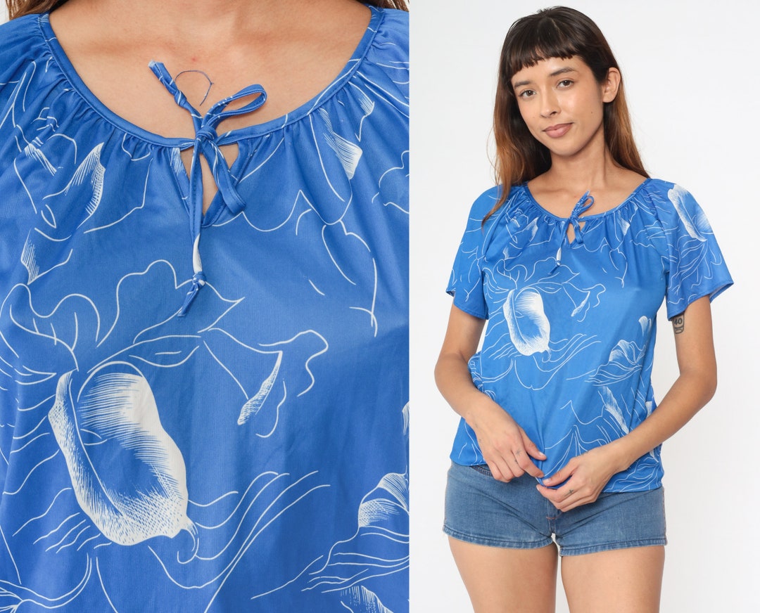 Keyhole Floral Shirt 80s Blue White Tie Neck Blouse Boho - Etsy