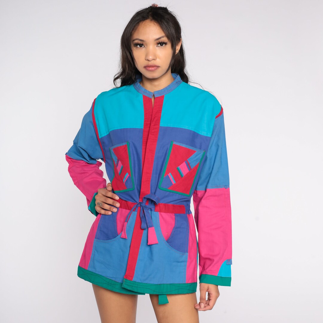 Bright Reversible Jacket 90s Color Block Open Front Jacket Tie Belt ...