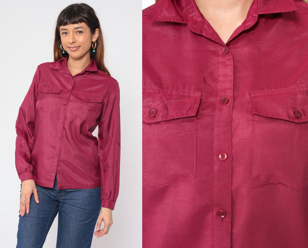 Berry Red Blouse 70s Button up Shirt Long Sleeve Collared Top Retro ...