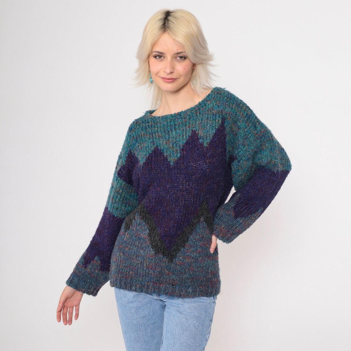 Color Block Sweater 90s Purple Teal Flecked Sweater Wool Blend Knit ...