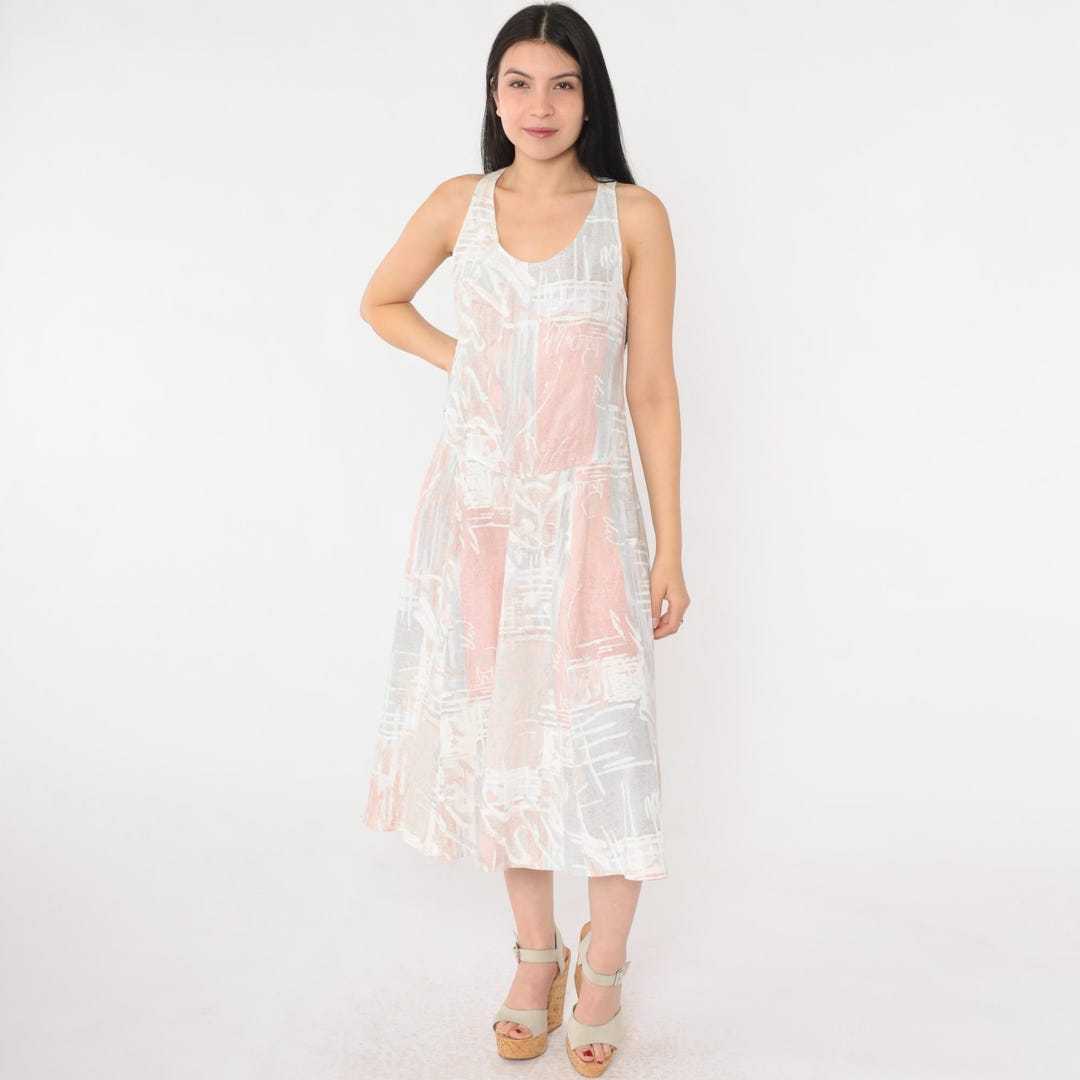 Vintage 80s Pastel Sun Dress Abstract Print Midi Low Drop Waist ...