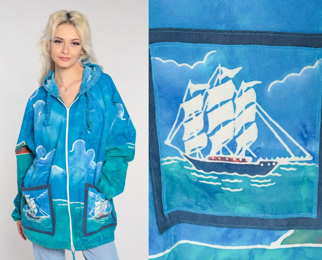 Hooded Nautical Jacket Y2k Blue Windbreaker Sailboat Print Hoodie Ocean ...