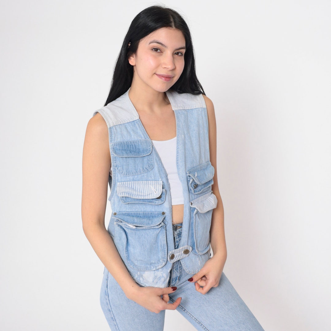Denim Cargo Vest 90s Blue Jean Button up Vest Striped Pockets ...