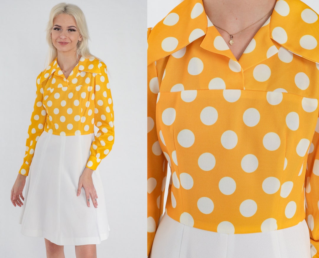 70s Mod Dress Polka Dot Mini Dress Yellow White Long Sleeve High ...