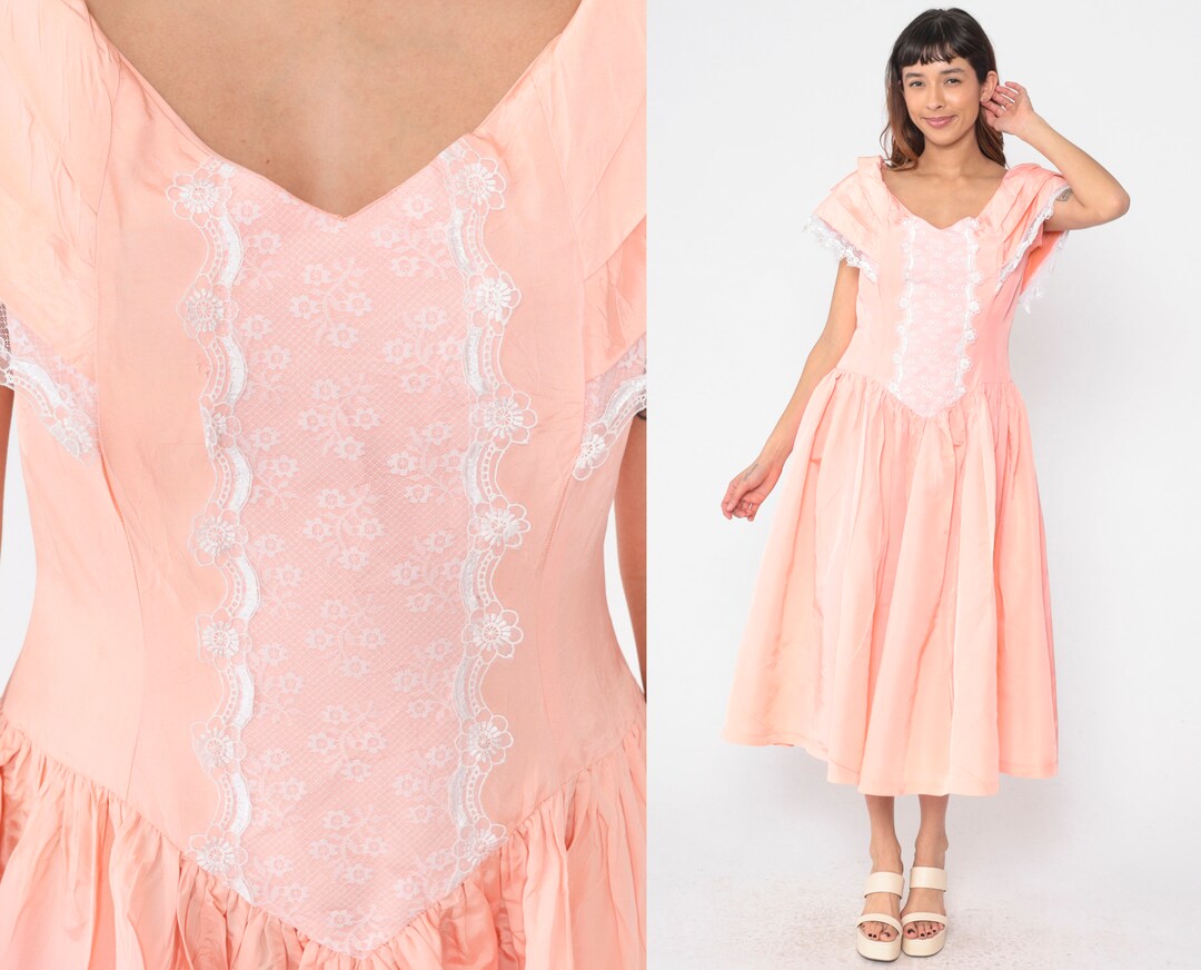 80s Party Dress Peach Pink Taffeta Dress Lace Trim High Basque Waist ...