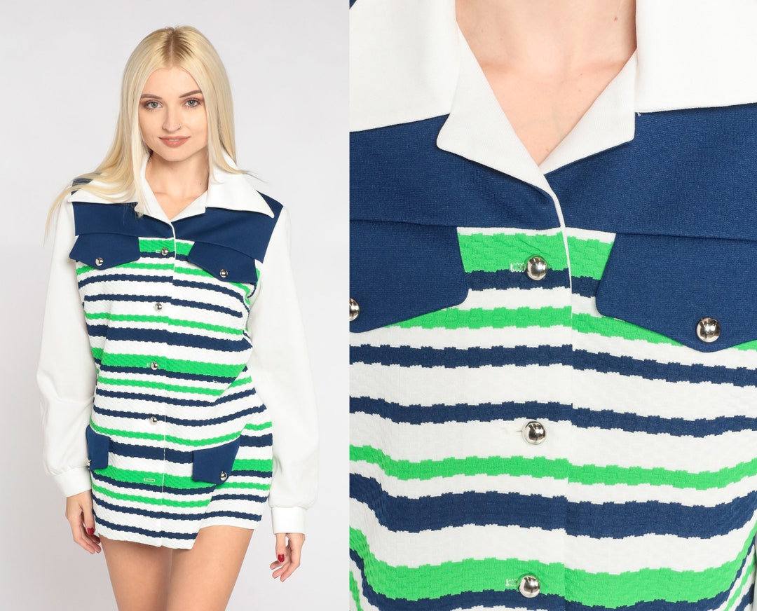Dagger Collar Shirt 70s Button up Blouse Striped Mod Top Collar White Blue Green Long Sleeve ...