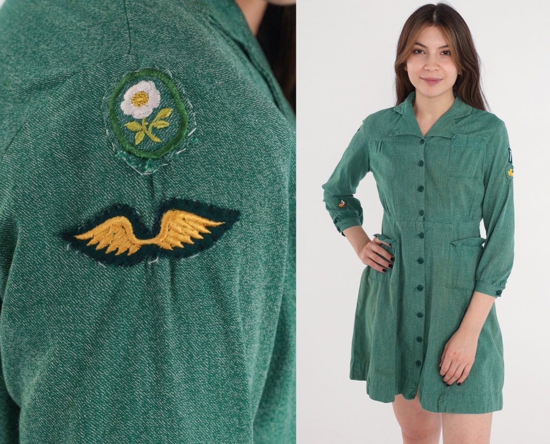 Girl Scout Dress 60s Mini Button up Uniform Dress Long Sleeve High ...