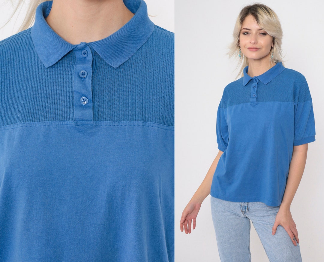 Blue Polo Shirt 90s Knit Yoke Collared Shirt Preppy Basic Short Sleeve ...