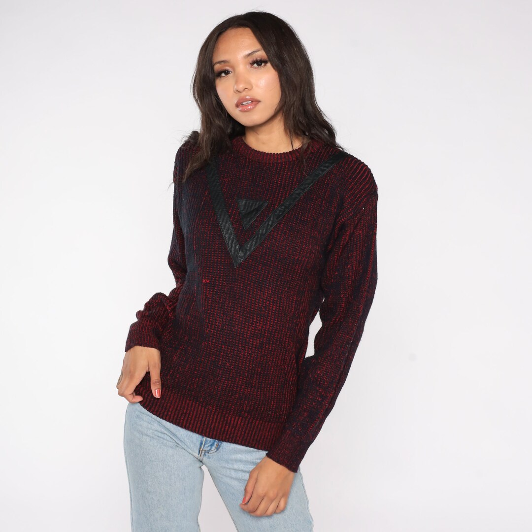 Geometric Leather Sweater 90s Black Red Pullover Knit Sweater Chevron ...