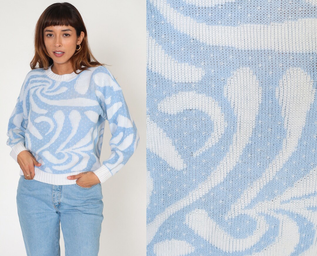 Swirl Print Sweater 80s Baby Blue White Pullover Knit Ringer Sweater ...