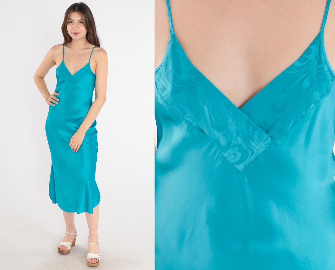 Silk Slip Dress 90s Turquoise Blue Slip Side Slit Dress Lingerie ...