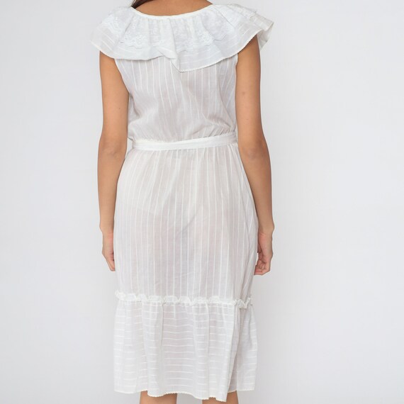 80s Prairie Dress White Sheer Ruffle Stripe Tie Waist… - Gem