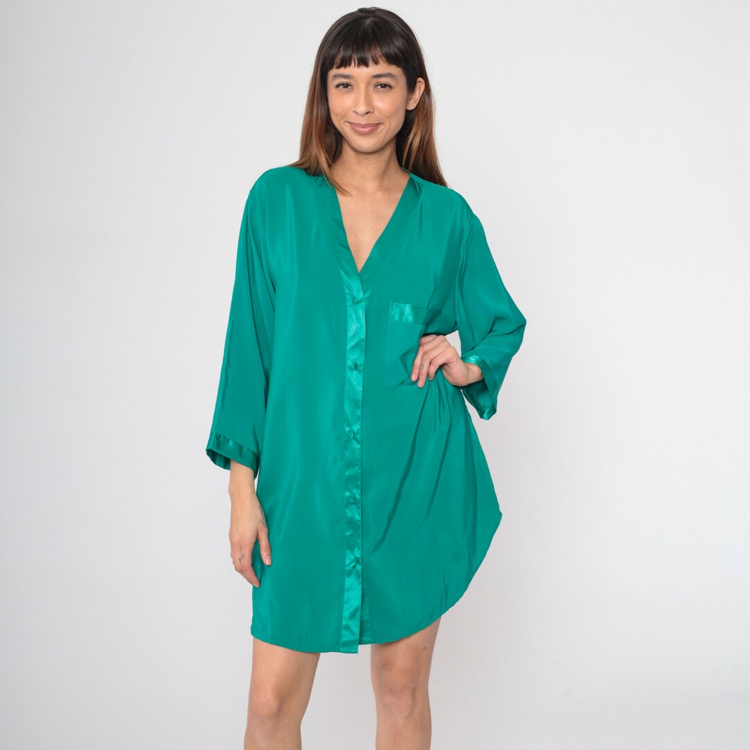 Green Button up Nightie 90s Pajama Dress Shiny Satin Trim Nightgown ...
