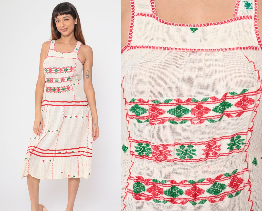 Embroidered Sundress 70s Cream Midi Dress Semi-sheer Cream Green Red ...