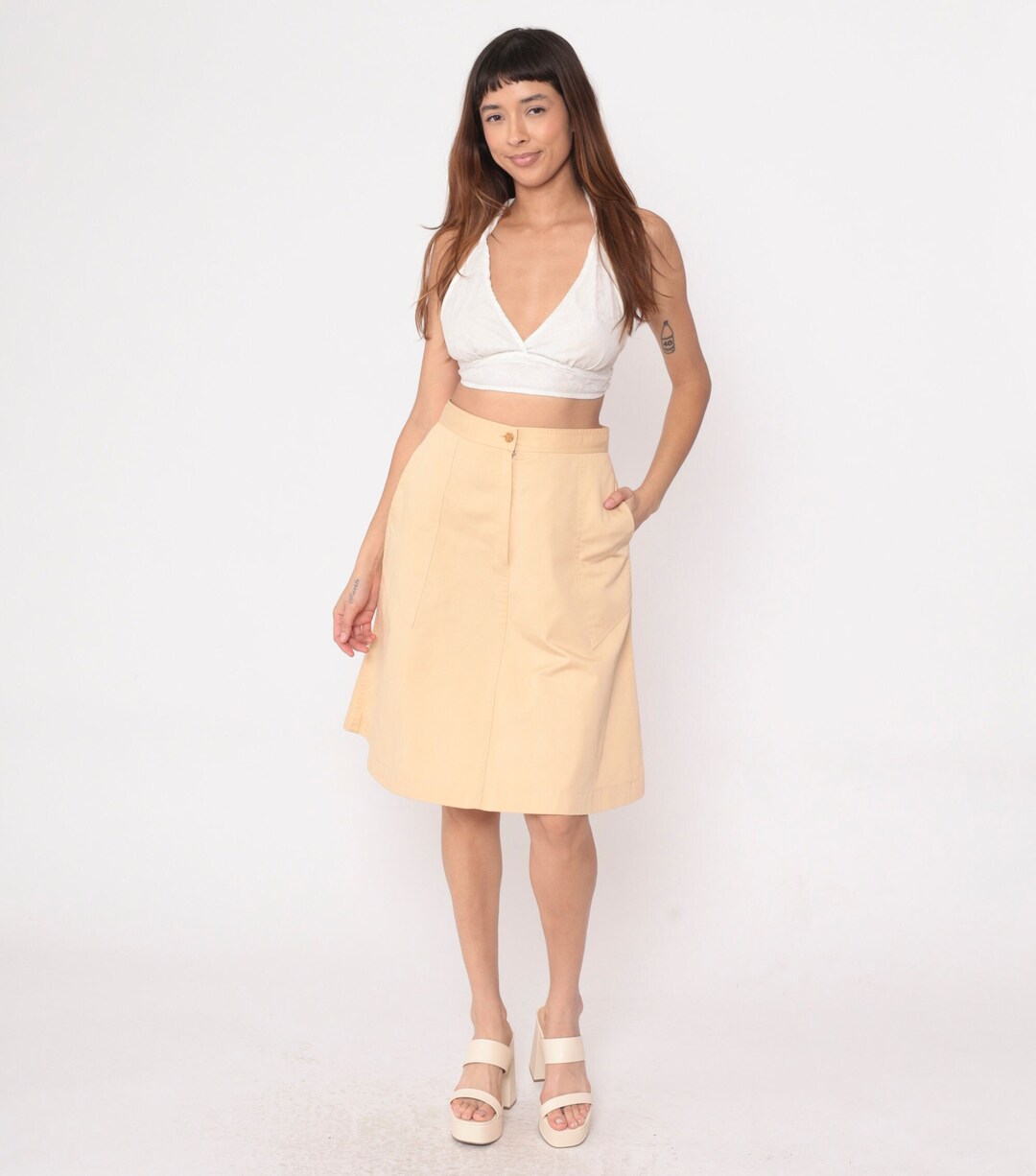 70s Midi Skirt Tan Structed Pocket Boho Skirt High Waisted Bohemian ...